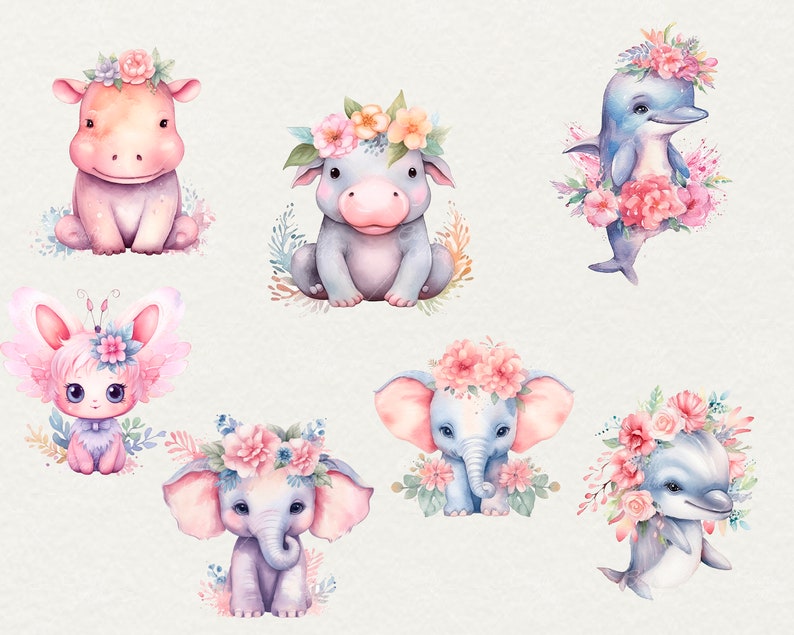 Watercolor Boho Animals Clipart: 40 PNG Pastel Pink Floral Designs - Etsy