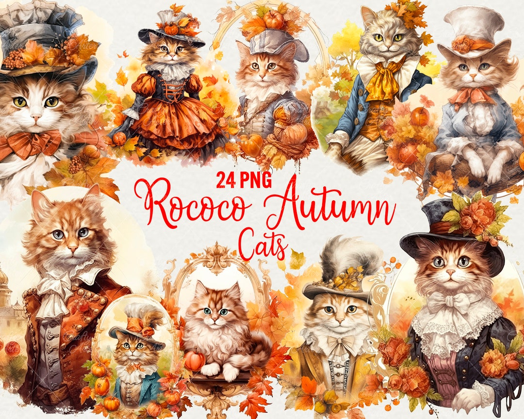 Watercolor Rococo Cats Clipart, Animal Autumn Clipart, 24 PNG Rococo ...