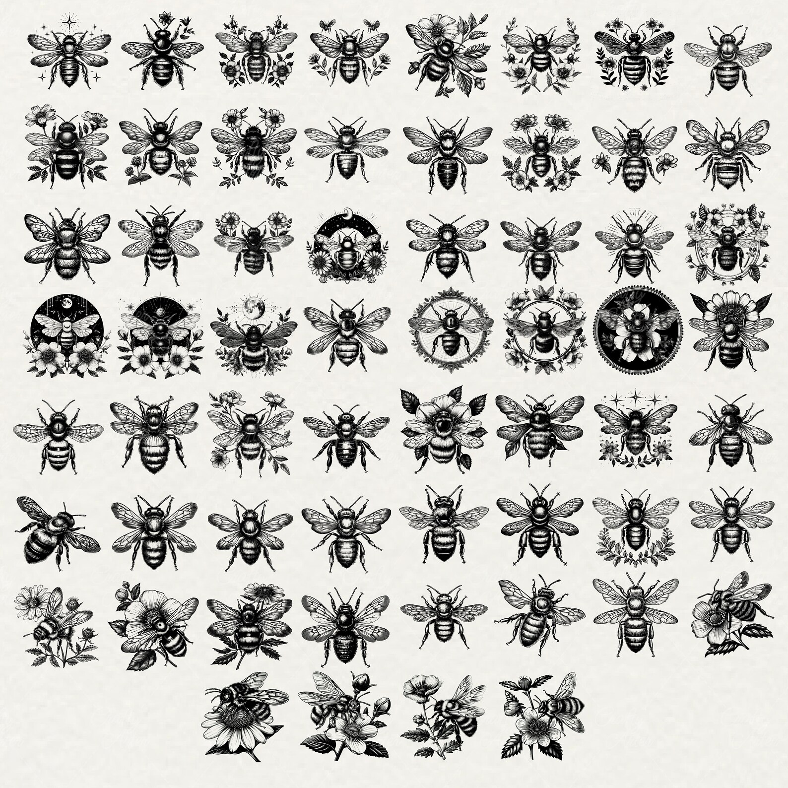 Floral Bee Clipart: 60 PNG Line Art Illustrations (commercial Use) - Etsy