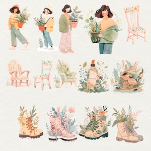 Spring Plant Girl Clipart, 78 PNG Plant Lover Illustration, Cute Spring ...