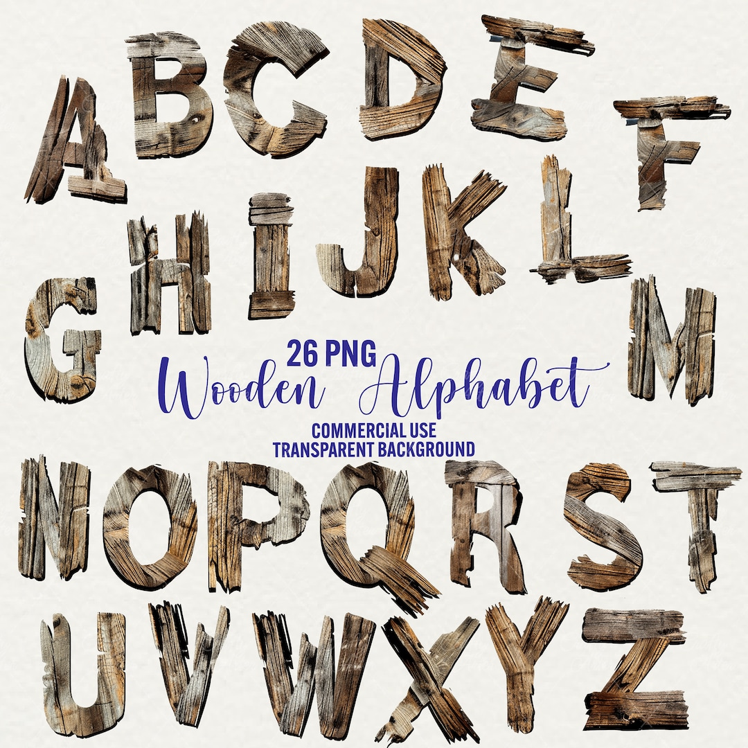 Rustic Wooden Alphabet Clipart: 26 PNG Wood Letters (digital Download ...