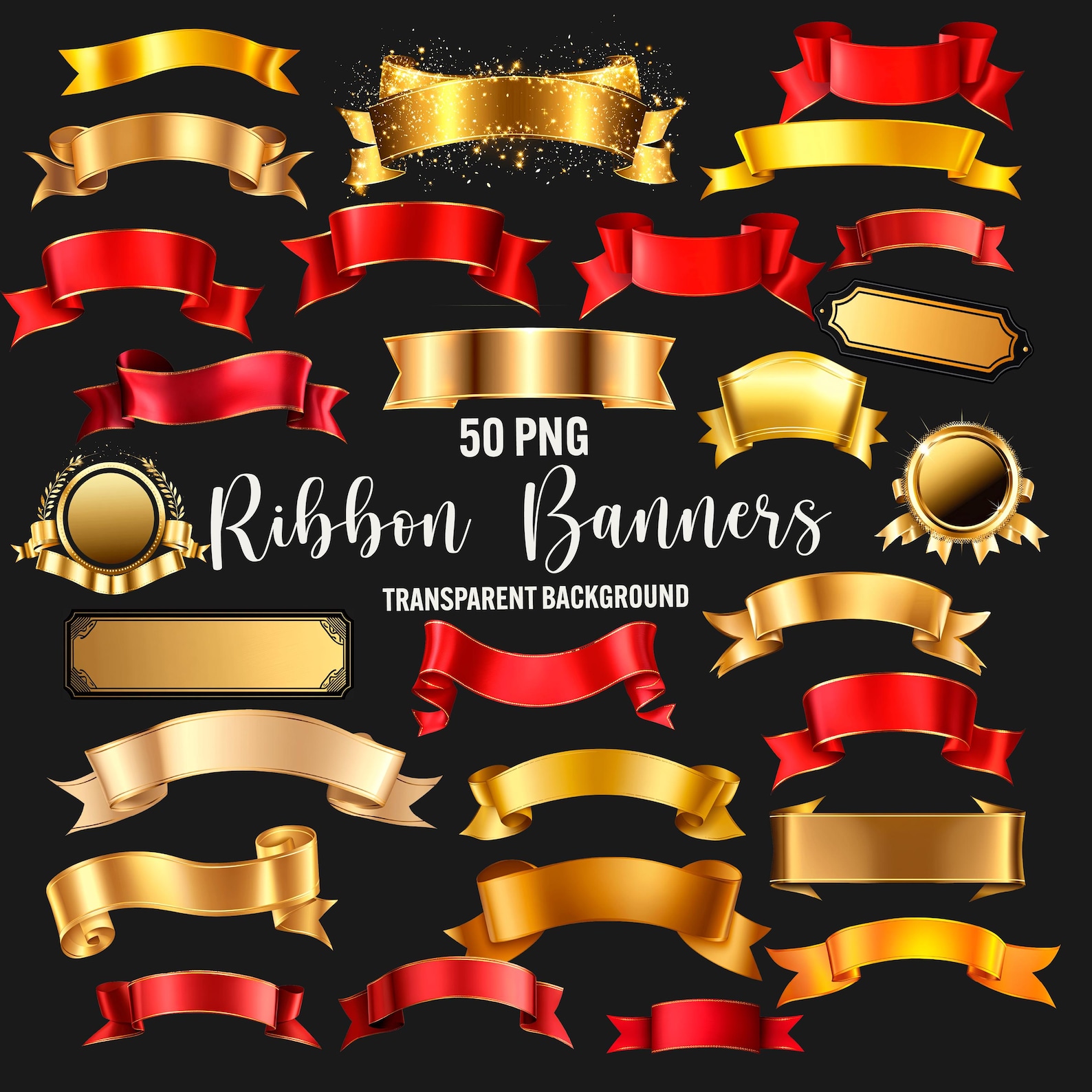 Red and Gold Ribbon Banners Clipart: 50 PNG Graphics (commercial Use ...