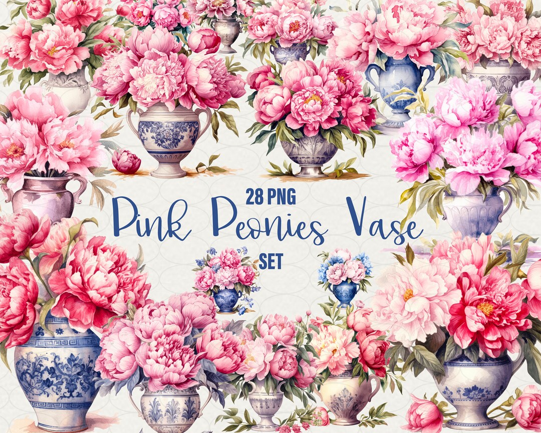 Watercolor Pink Peonies Vase Clipart, 28 Png, Sublimation Watercolor ...
