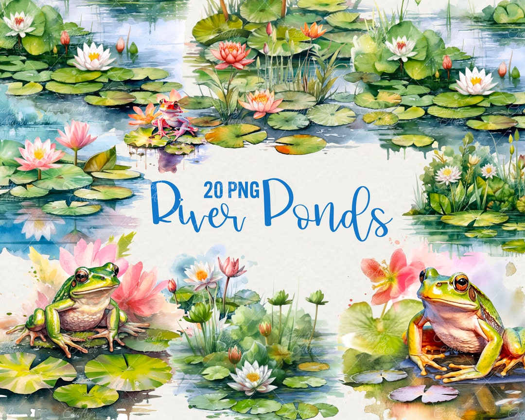 Watercolor River Pond Clipart: Lily Pads & Frogs (20 PNG, Commercial ...