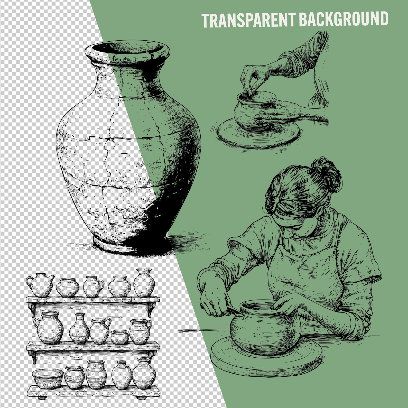 Pottery Line Art Clipart Bundle: Studio Ceramics, Vases (38 PNG + 38 ...