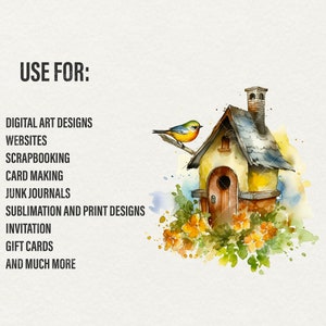 Watercolor Bird Houses Clipart, 16 PNG Floral Spring and Summer Time ...