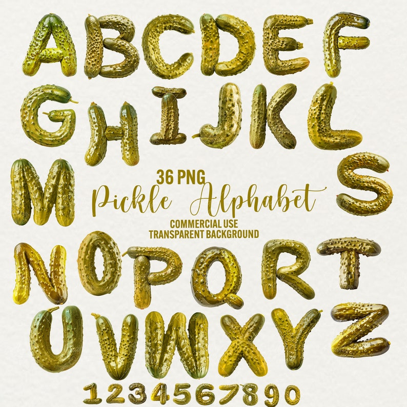 Pickle Alphabet Clipart: 36 PNG Pickle Font, Letters, Numbers (digital ...