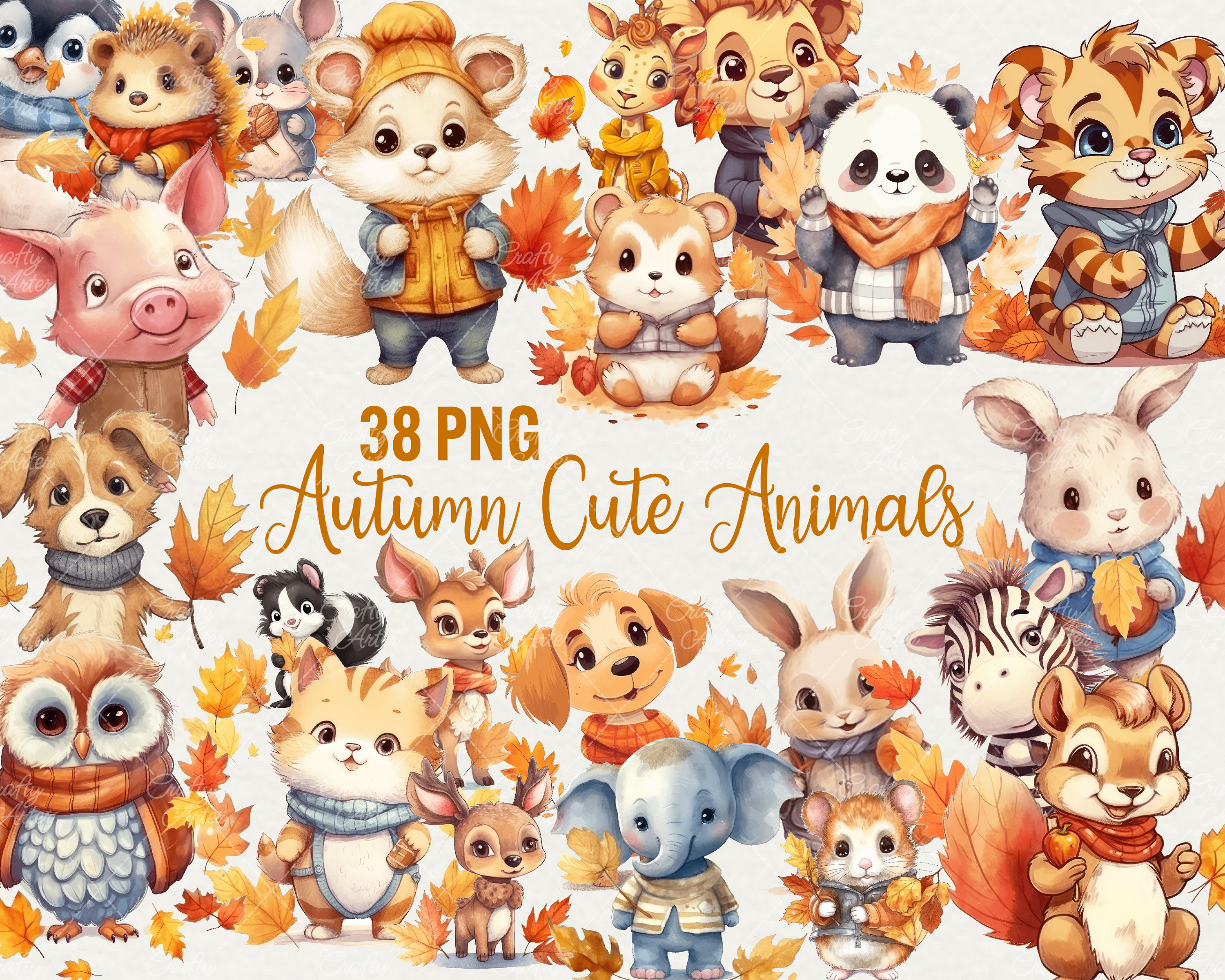 Watercolor Autumn Animals Clipart: 38 PNG Fall Illustrations ...