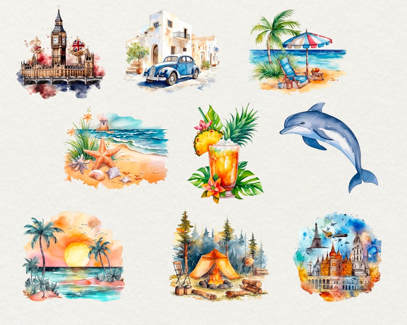 Watercolor Travel Clipart: 72 PNG Summer Vacation Graphics (commercial ...