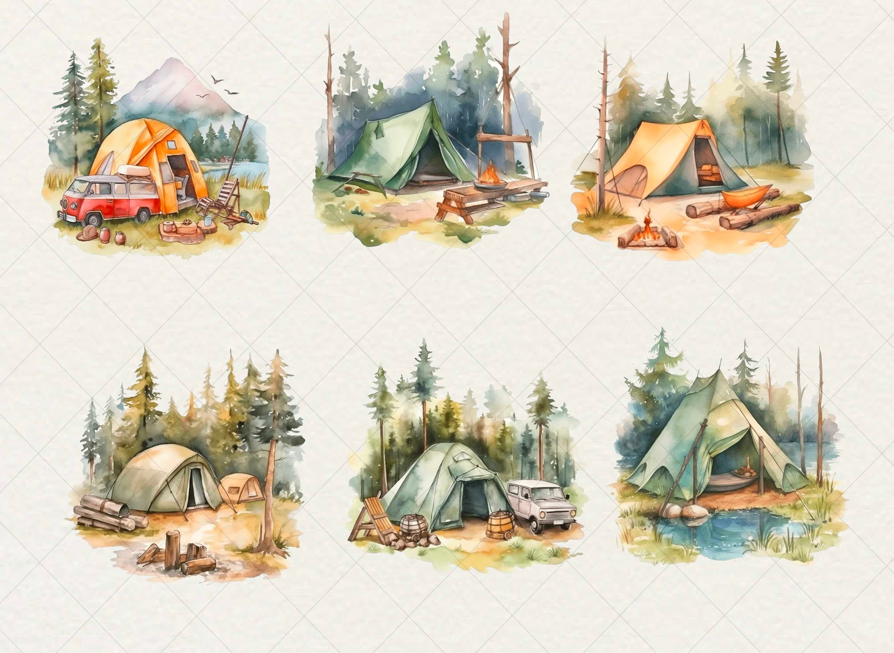 Watercolor Camping Clipart: Bonfire, Tent, Backpack (PNG Digital ...