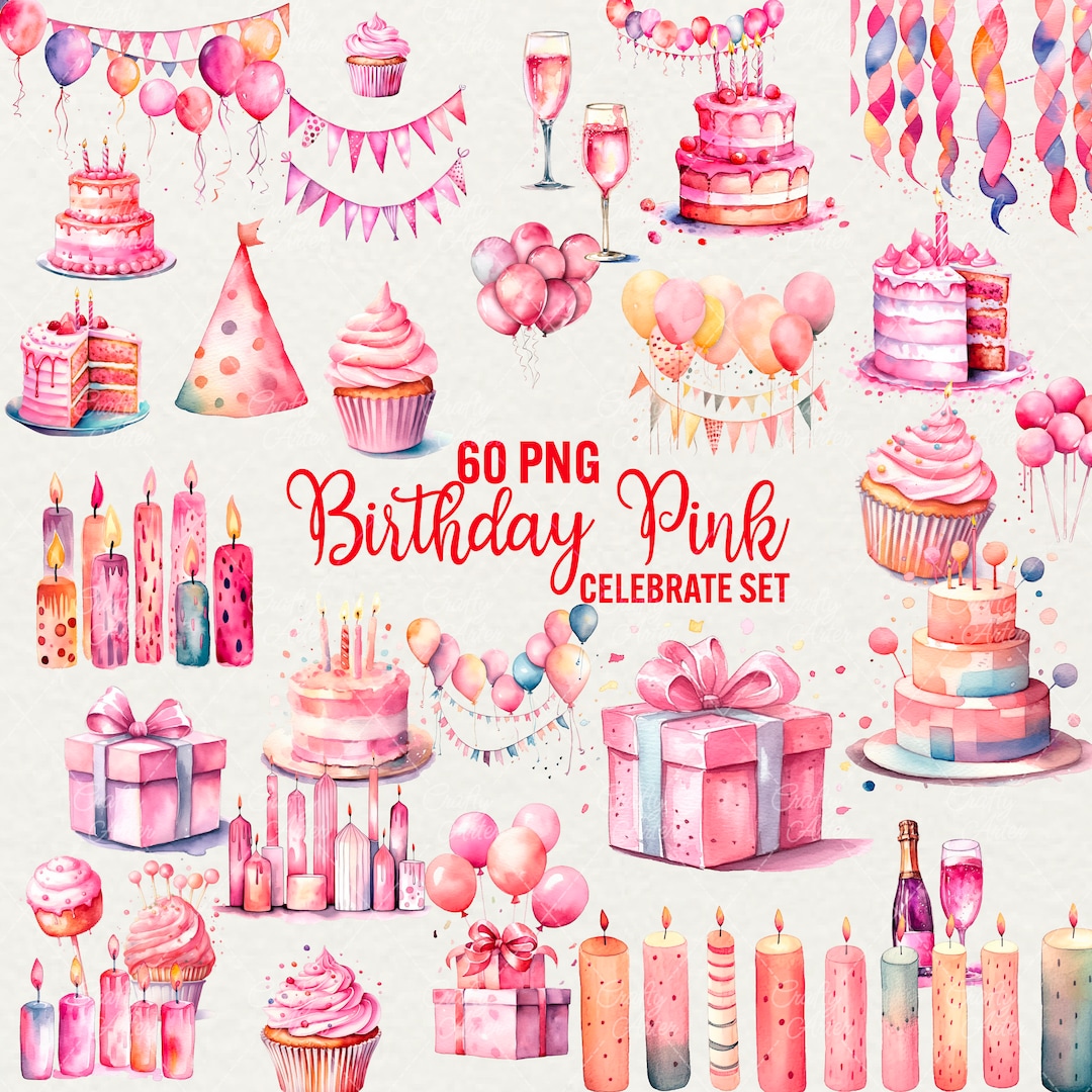 Watercolor Pink Birthday Clipart, Birthday Party PNG, Cake Champagne ...