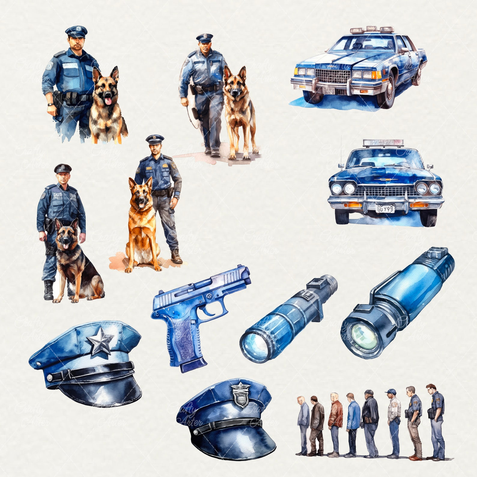Watercolor Police Clipart Bundle: 68 PNG Illustrations (commercial Use ...