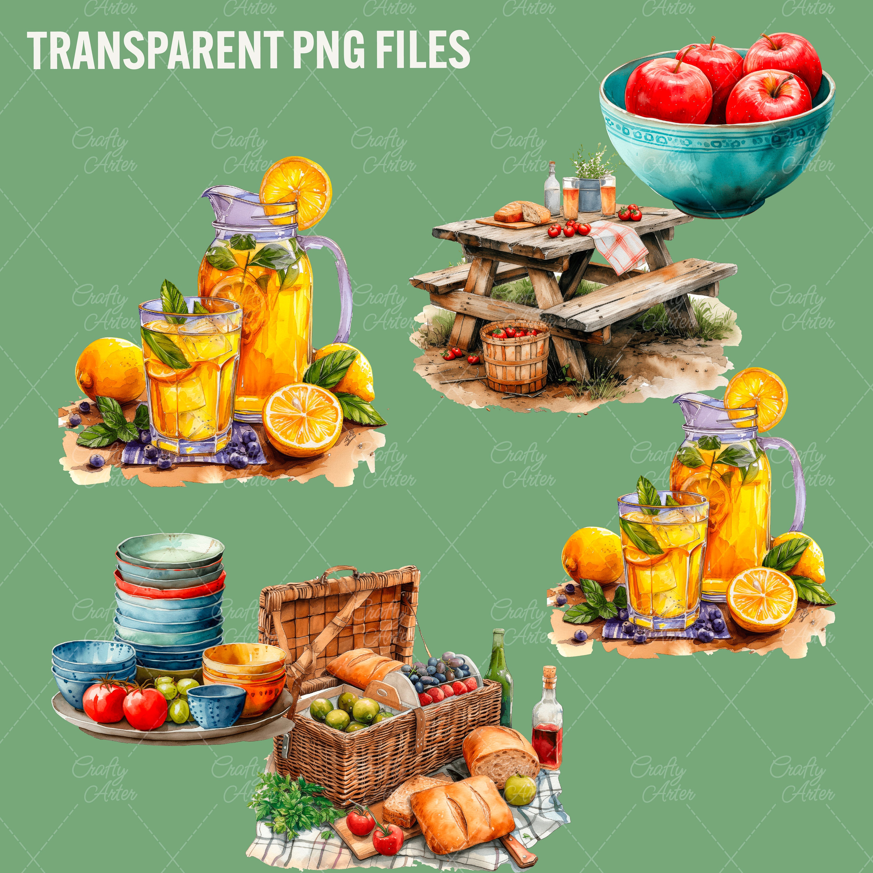 Watercolor Picnic Clipart: Summer Brunch PNG Bundle - Etsy