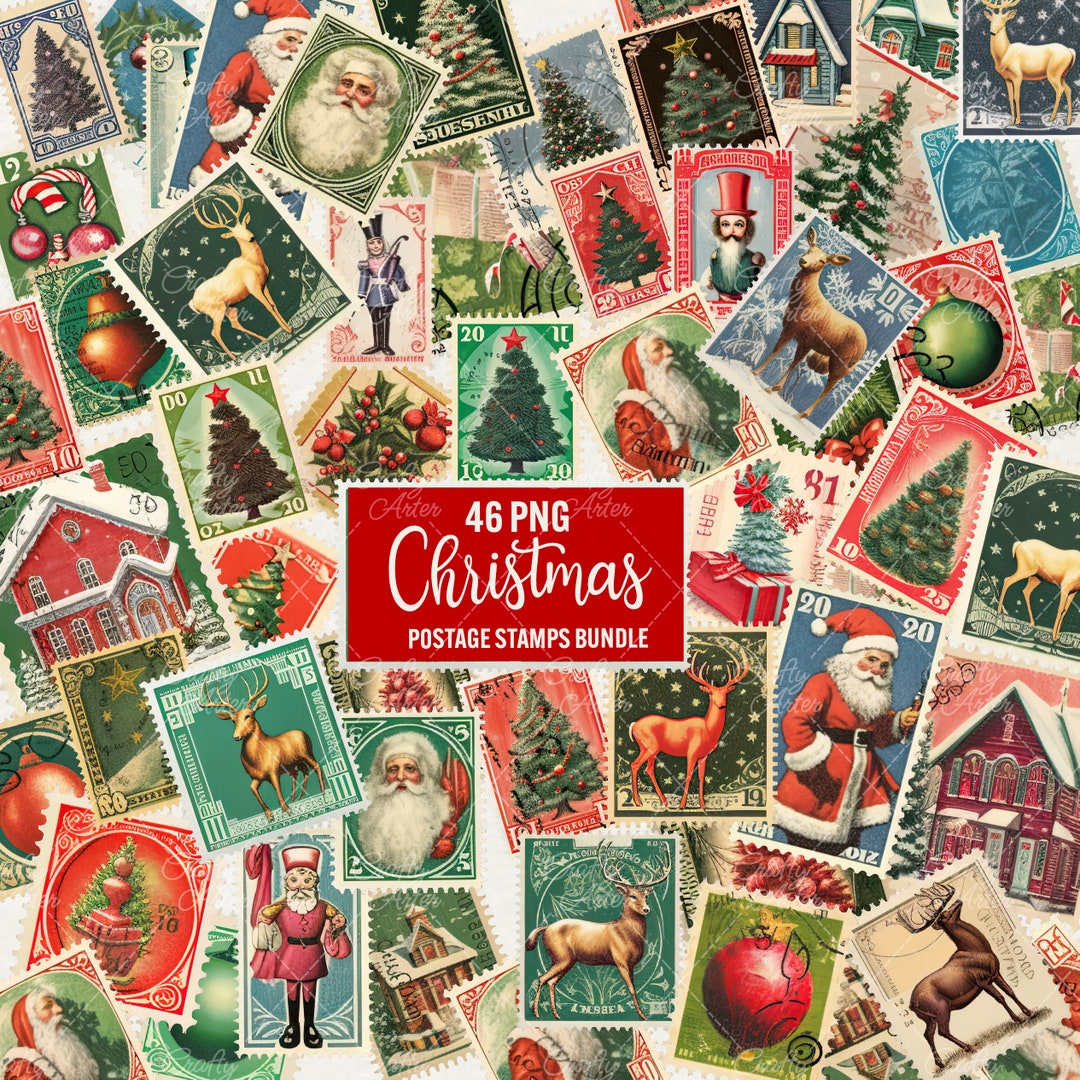 Christmas Postage Stamps Clipart Bundle, 46 PNG Watercolor Christmas ...