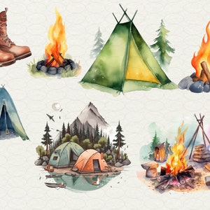 Watercolor Camping Clipart, Outdoor Camp, Bonfire, Backpack, Tent ...