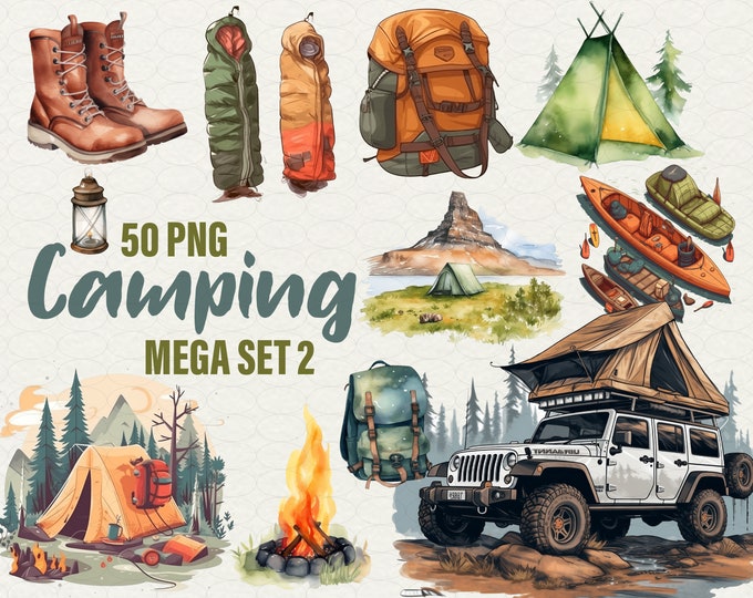 Watercolor Camping Clipart Bundle, Camper Van Clipart, Outdoor Camp PNG ...