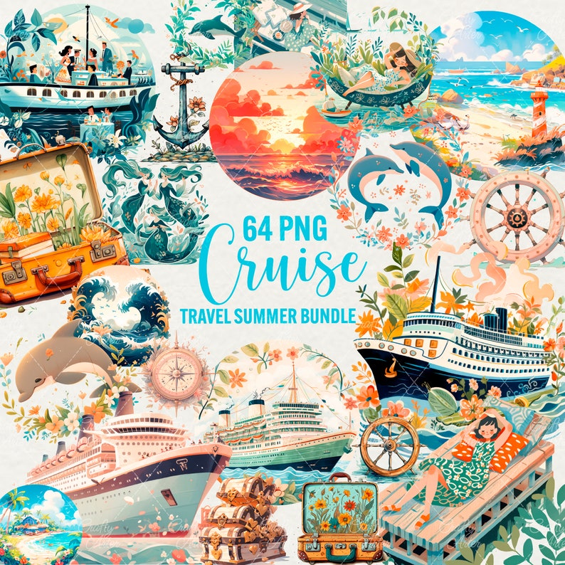 Cruise Ship Clipart: Ocean Watercolor, Summer Travel (64 PNG Digital ...