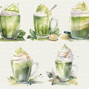 Matcha Latte Clipart - Green Tea Latte Drink Watercolor Matcha Latte 24 ...