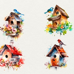 Watercolor Bird Houses Clipart, 16 PNG Floral Spring and Summer Time ...