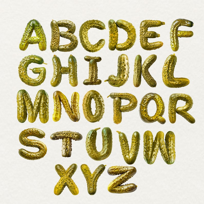Pickle Alphabet Clipart: 36 PNG Pickle Font, Letters, Numbers (digital ...