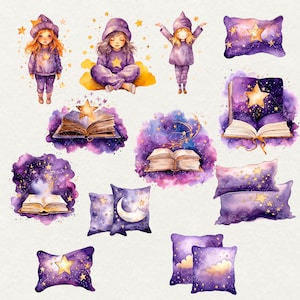 Watercolor Celestial Night Clip Art Bundle, 57 PNG Graphics Purple ...