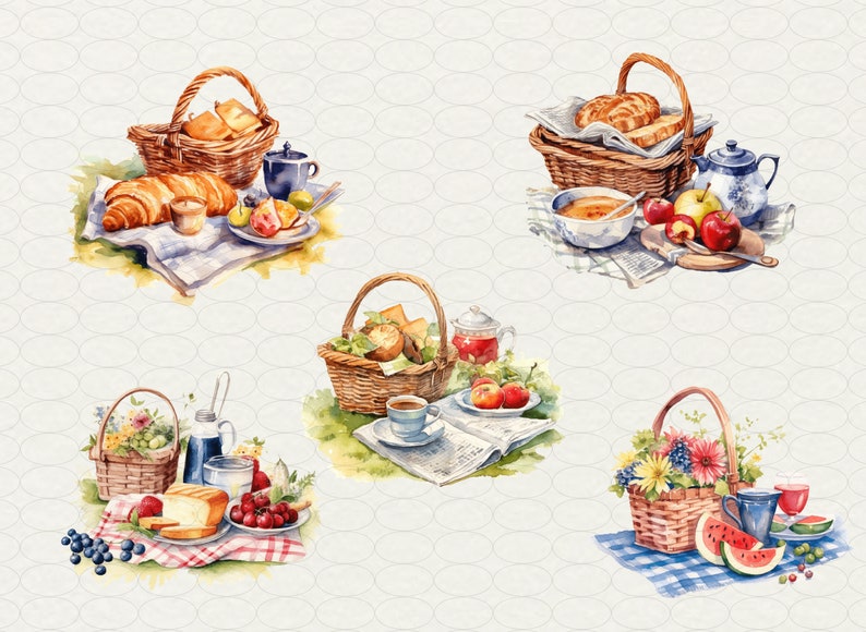 Watercolor Summer Picnic Clipart 34 Png Picnic Basket Garden - Etsy