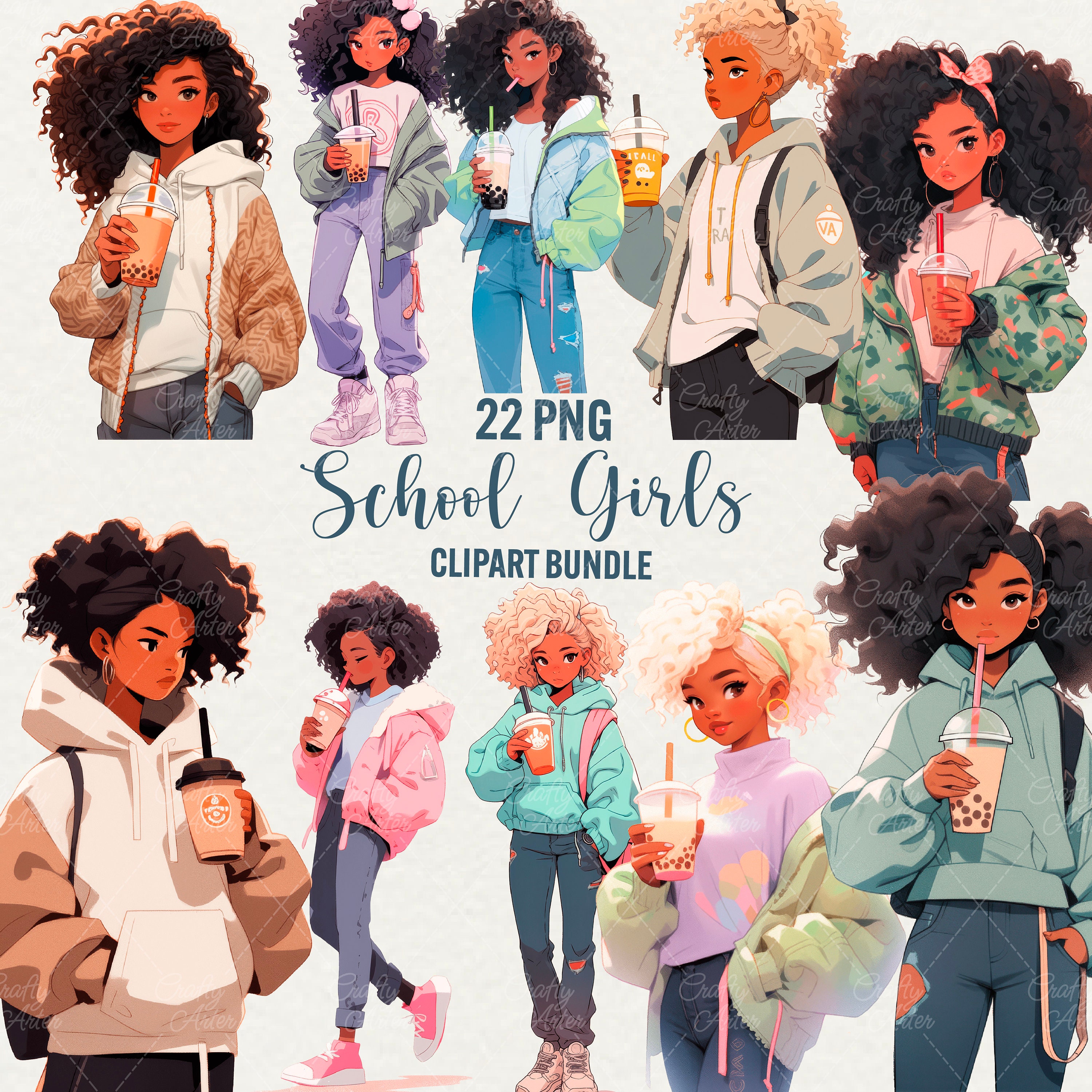 Black School Girls Clipart: Afro Teen Fashion (22 PNG, Commercial Use ...