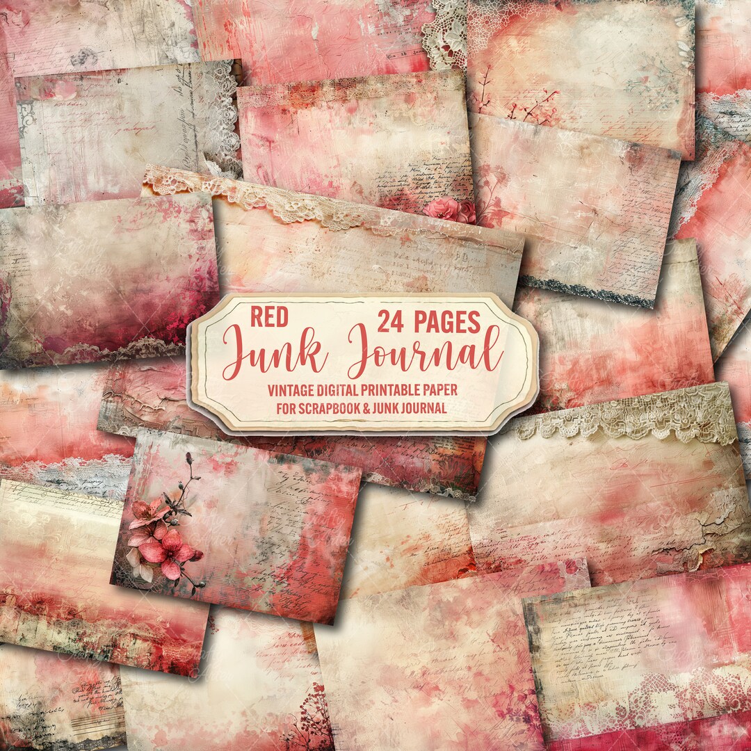 Red Junk Journal Digital Paper, 24 Printable Pages, Red Background for ...