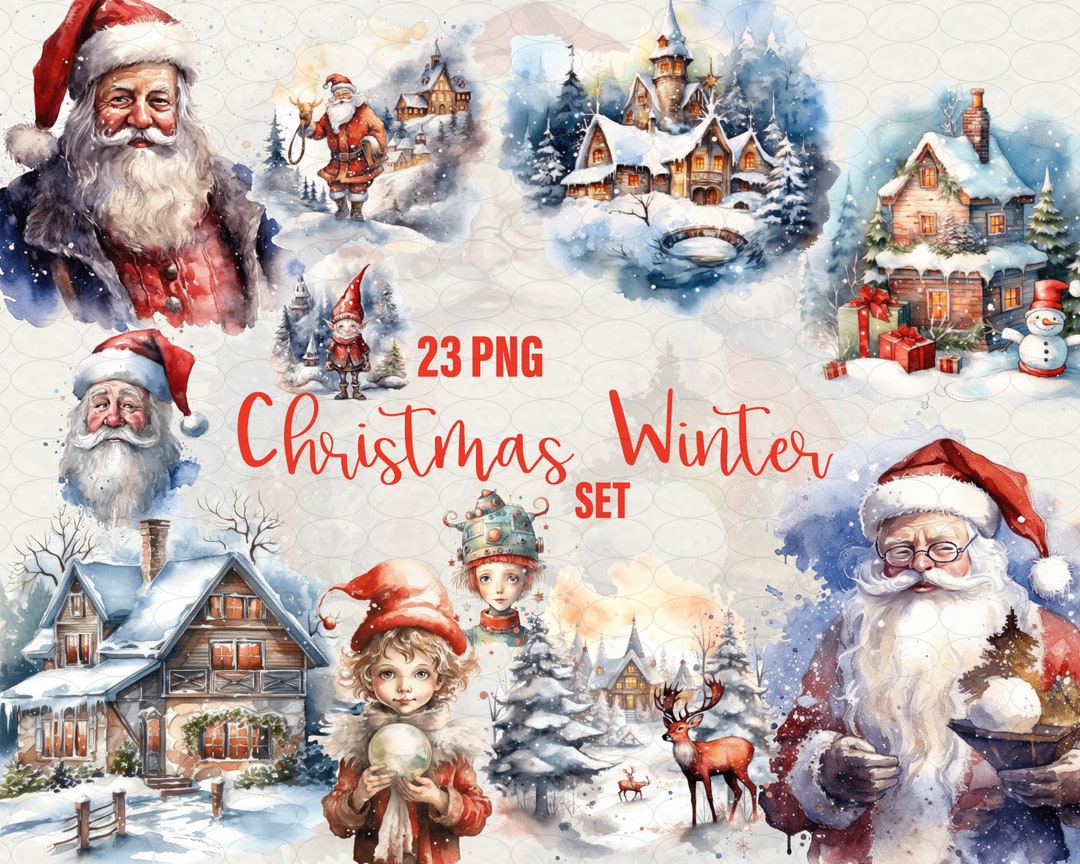 Watercolor Christmas Clipart: Santa, Elf, Winter House (23 PNG ...