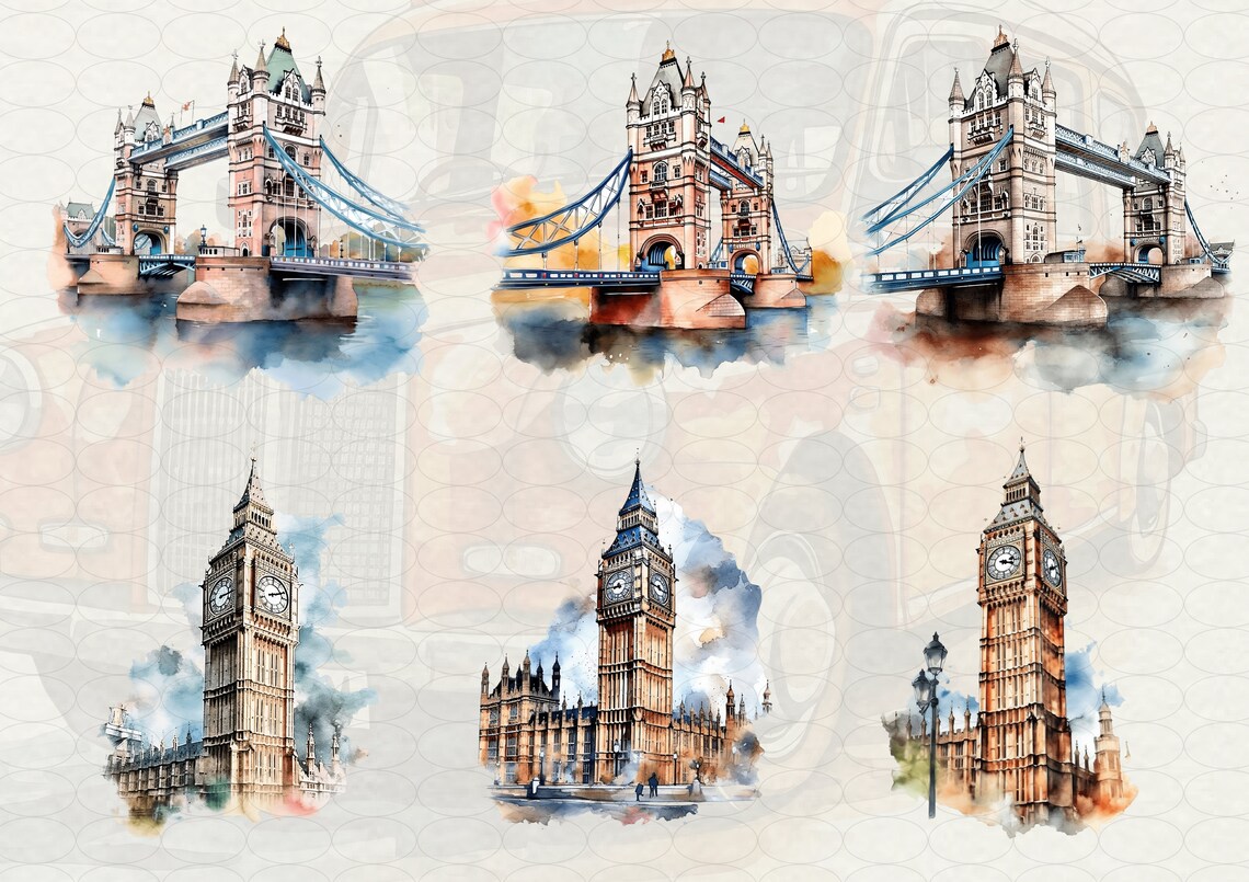 London Watercolor Clipart: City Landmarks, Bus, Taxi (39 PNG Files) - Etsy