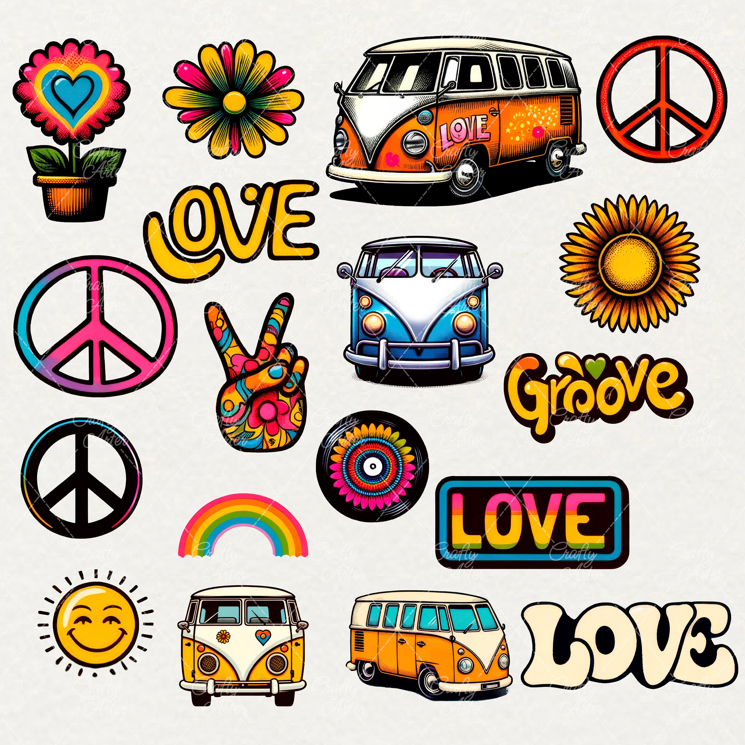 Retro Hippie Clipart: 49 Groovy PNG Images (digital Download) - Etsy