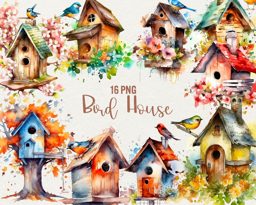 Watercolor Bird Houses Clipart, 16 PNG Floral Spring and Summer Time ...