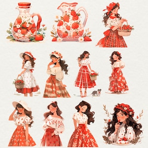 Watercolor Strawberry Girls Clipart, 30 Png Summer Girls, Cute Berry ...