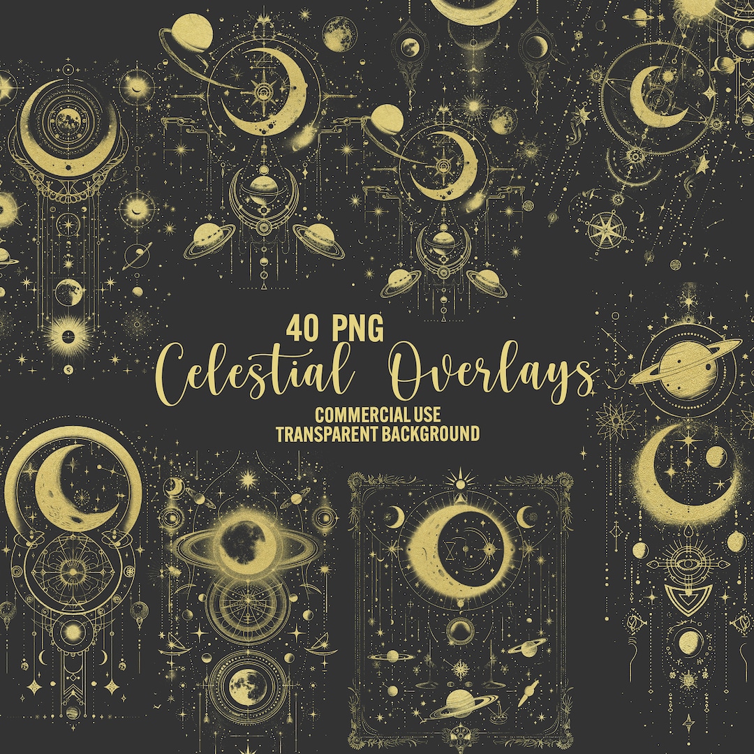 Celestial Gold Overlays Clipart, 40 Png Gold Celestial Bodies, Magic ...