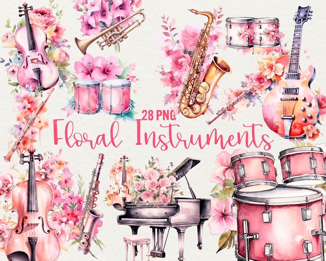 Watercolor Musical Instruments Clipart, Floral Music Clip Art, Pink ...
