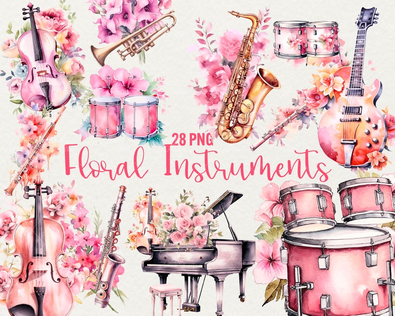Watercolor Floral Musical Instruments Clipart (28 PNG) - Etsy