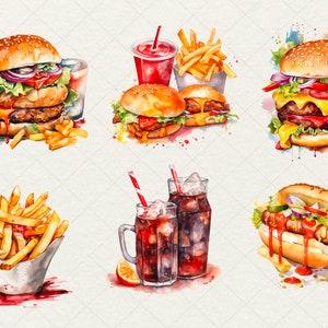 Watercolor Burger Clipart Bundle 10 PNG, Delicious Burger Clipart Fast ...