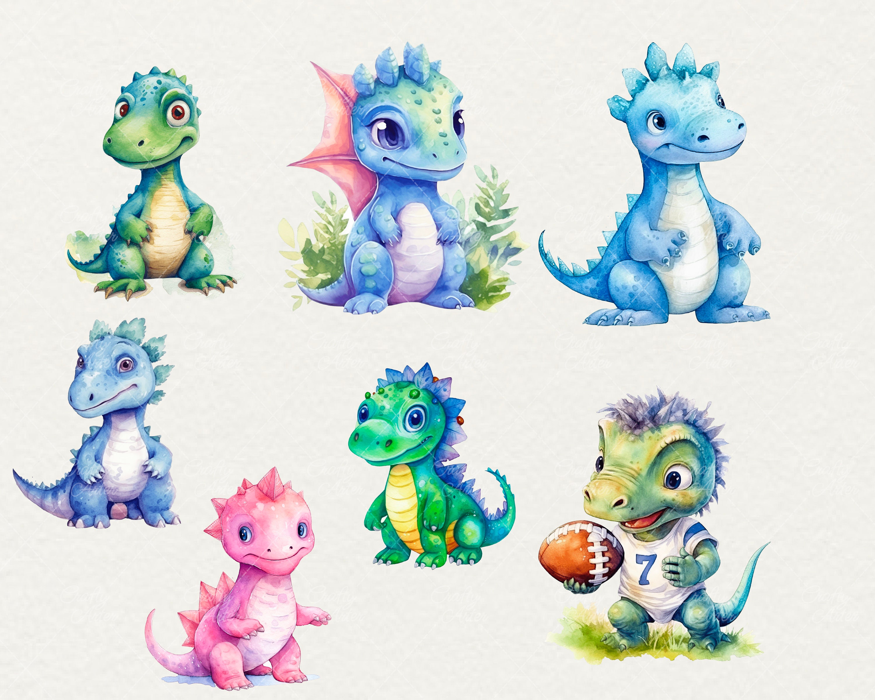 Watercolor Baby Dinosaur Clipart: 39 PNG Illustrations (commercial Use ...