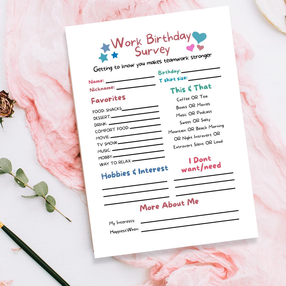 Work Birthday Questionnaire | Editable Canva Questionnaire & Printable ...