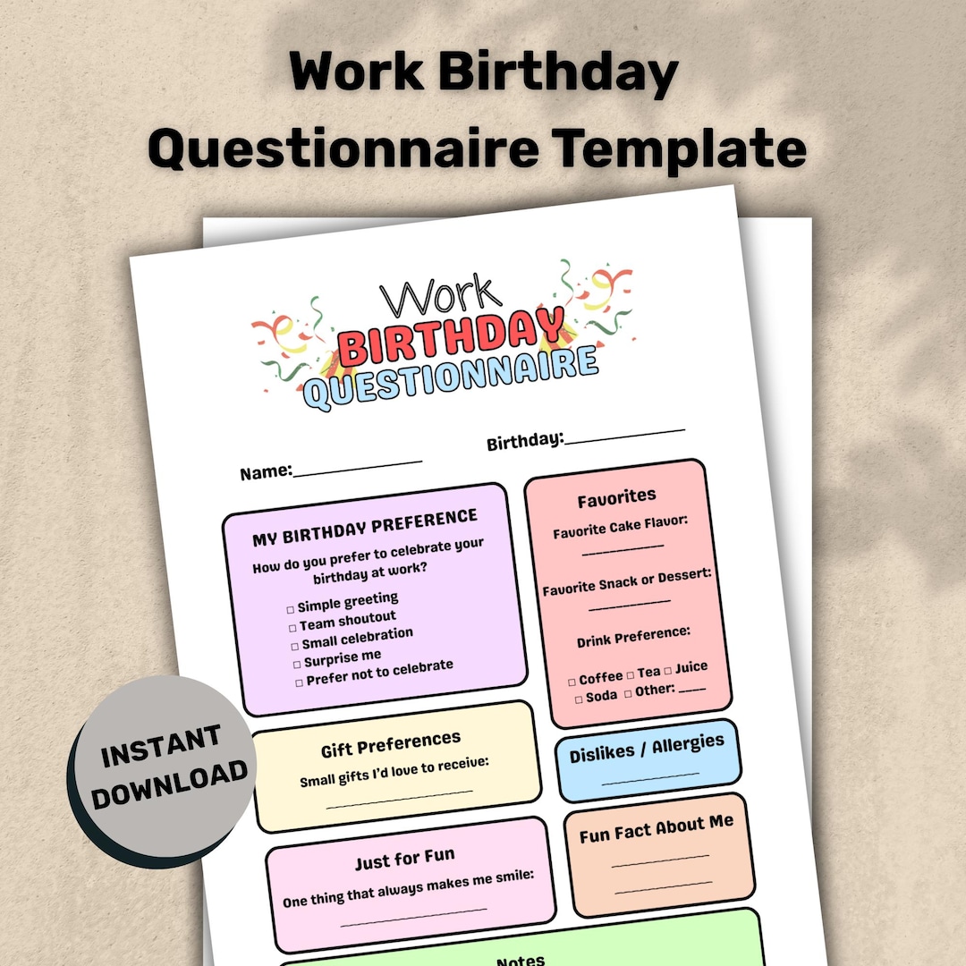 Work Birthday Questionnaire Template, Employee Celebration Planning ...