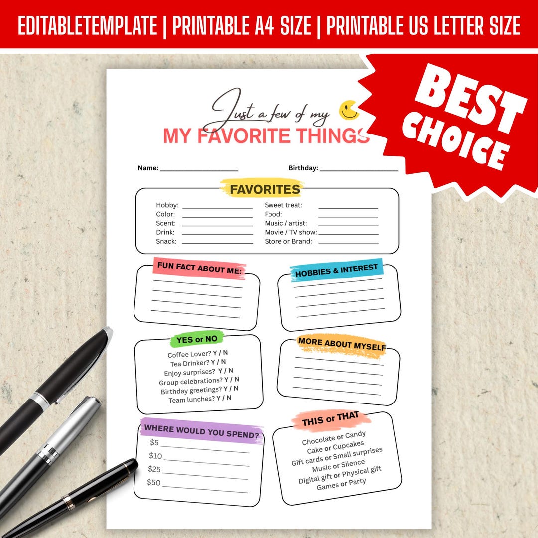 My Favorite Things List Template | Editable Canva Questionnaire ...