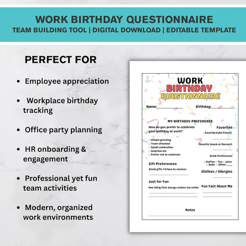 Employee - Get to Know Me - Birthday Questionnaire | Office Celebration ...