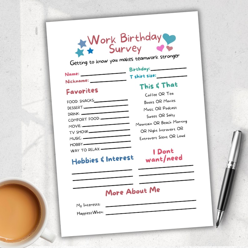 Work Birthday Questionnaire | Editable Canva Questionnaire & Printable ...