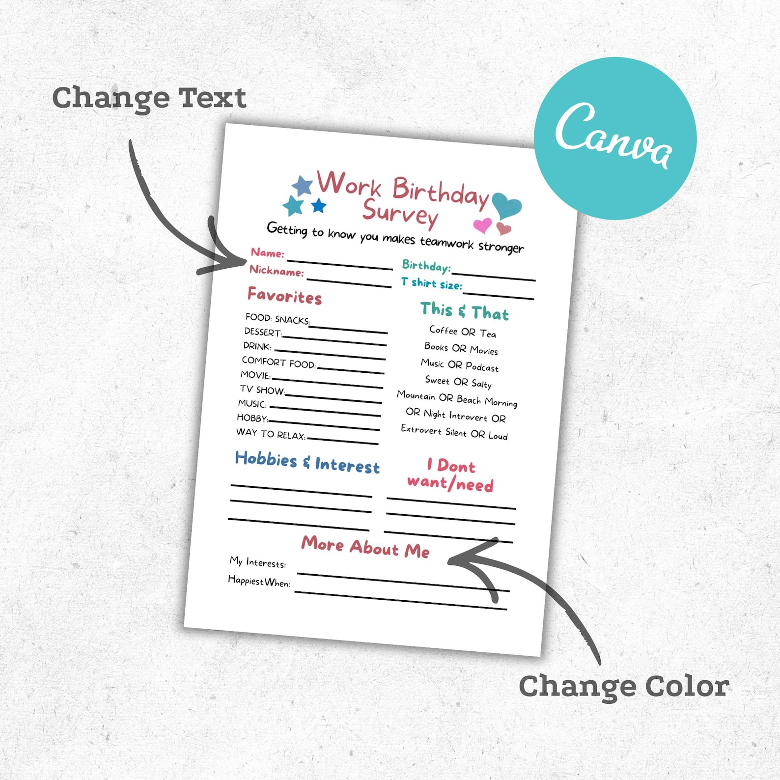 Work Birthday Questionnaire | Editable Canva Questionnaire & Printable ...