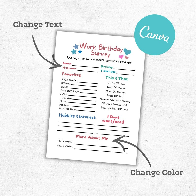 Work Birthday Questionnaire | Editable Canva Questionnaire & Printable ...