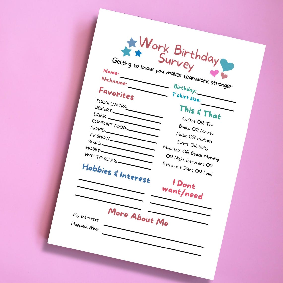 Work Birthday Questionnaire | Editable Canva Questionnaire & Printable ...