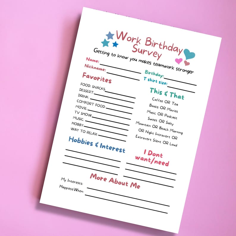 Work Birthday Questionnaire | Editable Canva Questionnaire & Printable ...