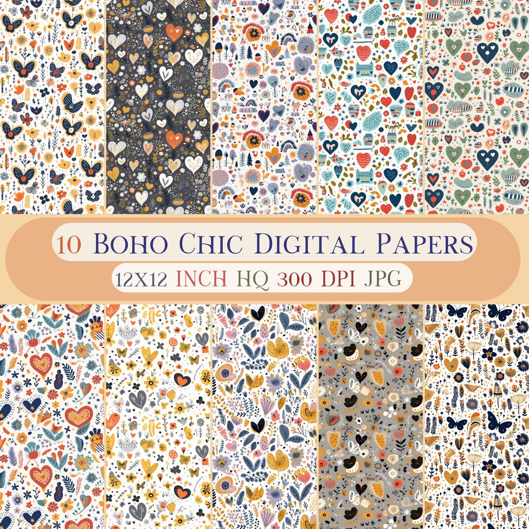 Retro Boho Digital Papers V1 | Scrapbook Papers | Seamless Patterns ...