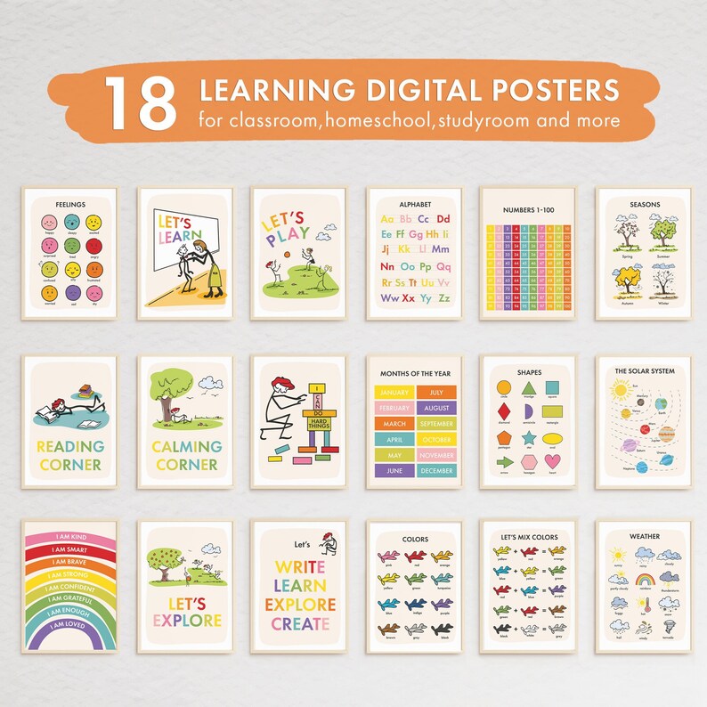 Learning Digital Poster Set 18, Rainbow Teacher Classroom Decor ...