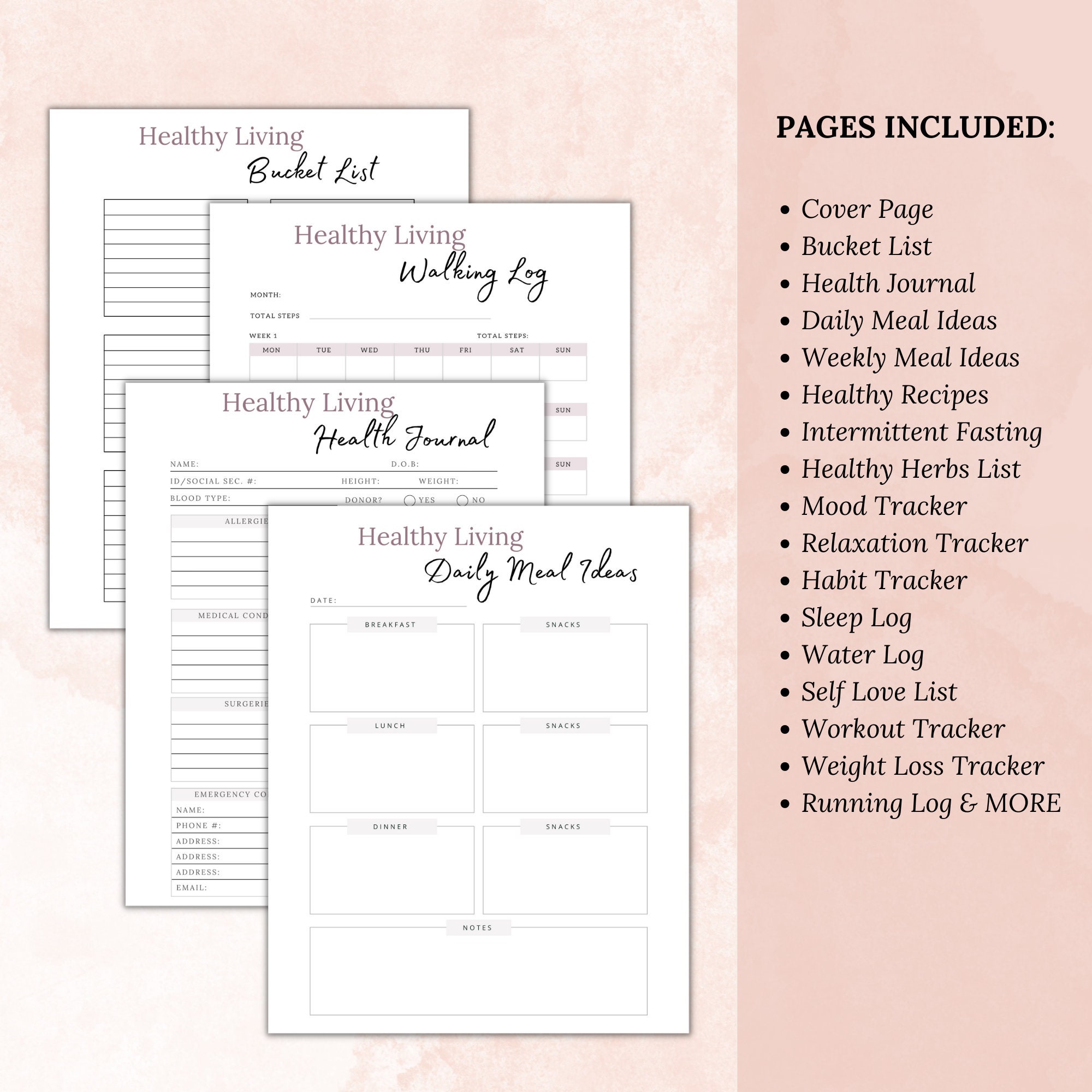 Printable Health Living Journal BUNDLE PACK Workout Tracker Mood ...